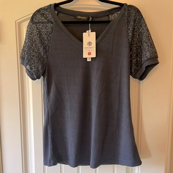 Merokeety | Tops | Nwt Navy Blue Blouse With Lace Type Details On The ...